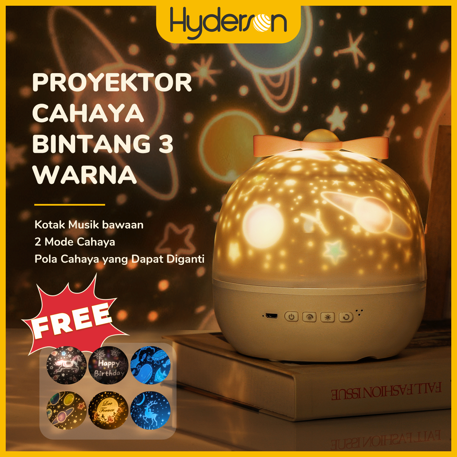 Hyderson Lampu tidur Proyektor LED 3 Warna Starlight dengan Pembicara ...