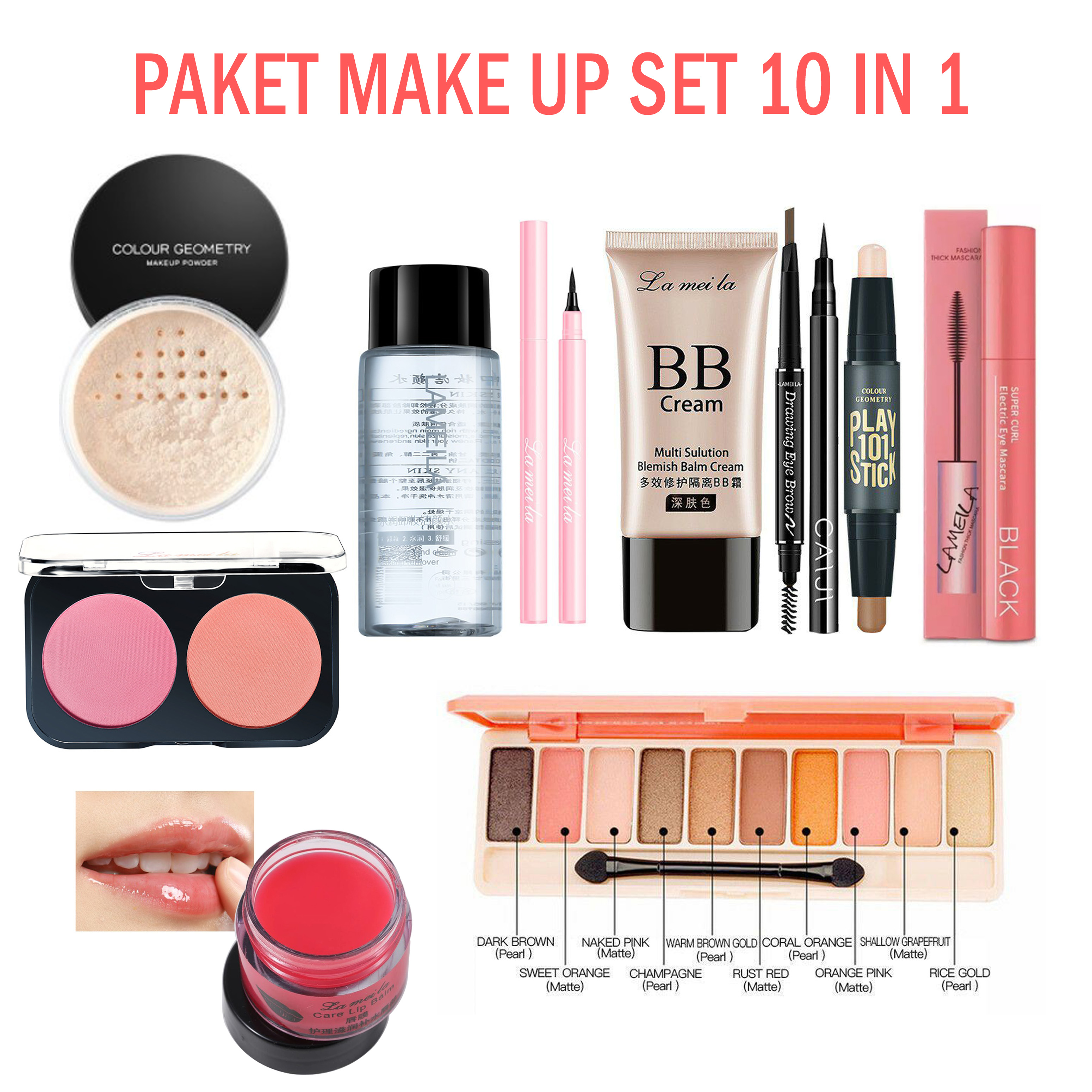 PAKET MAKE UP SET 10 IN 1 [ DAPAT 10 ITEM ] LAMEILA COSMETIK BEDAK TABUR