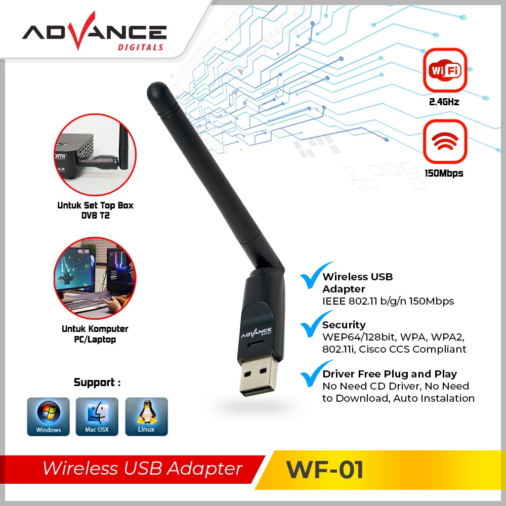 Advance USB Dongle Wifi Wireless Adapter Receiver WF-01 Komputer PC ...