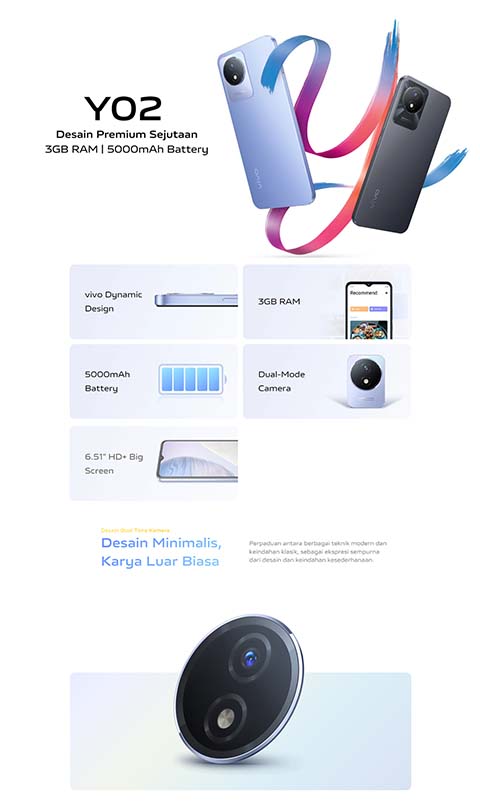 Jual Vivo Y02 3/32 5000mah Dual-mode Camera 100%original Garansi Resmi - Y02 3/32 Orchid Blue Di ...