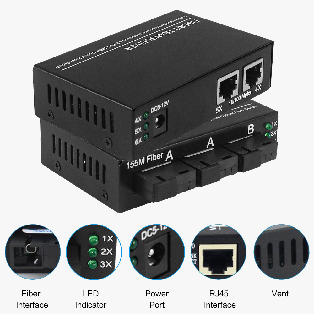 10/100M 3FO 2LAN Media Converter Fiber Optik Konverter Switch Hub ...
