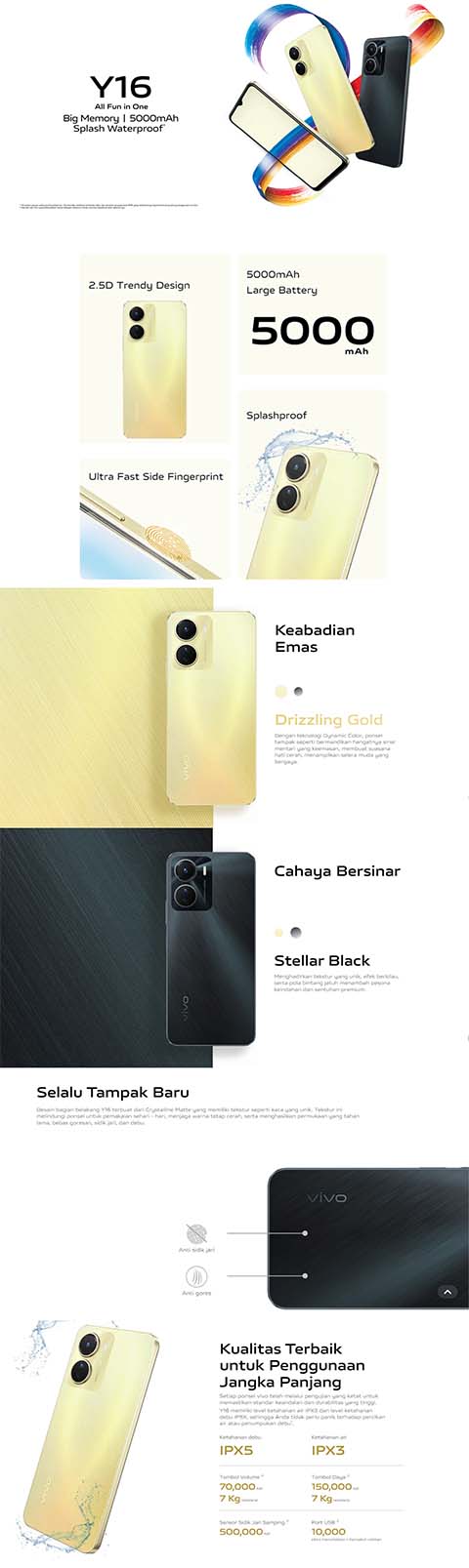 Jual VIVO Y16 4/128GB 5000mAh AI Triple Mode Camera 100% Original ...