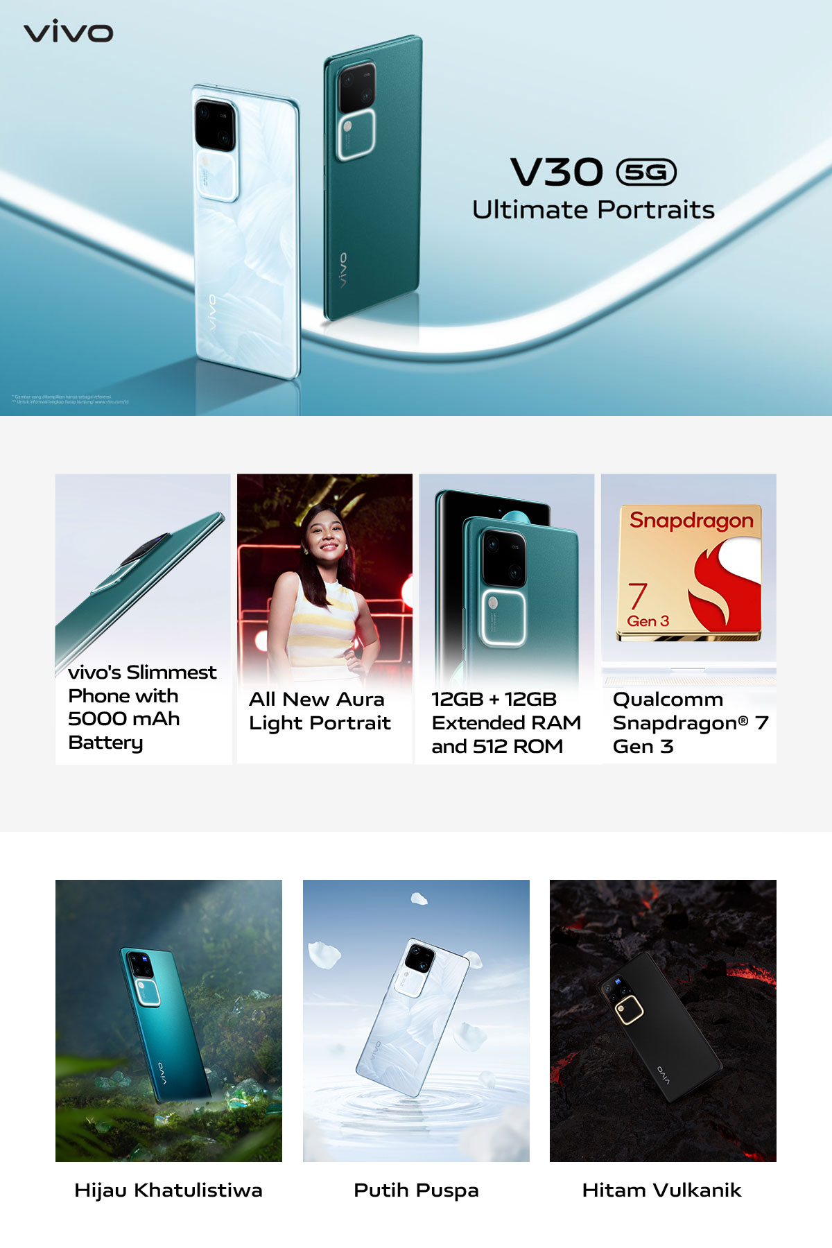 Jual [new] Vivo V30 5g (8+8gb/256gb) - All New Aura Light Portrait, Dual 50mp Wide-angle ...